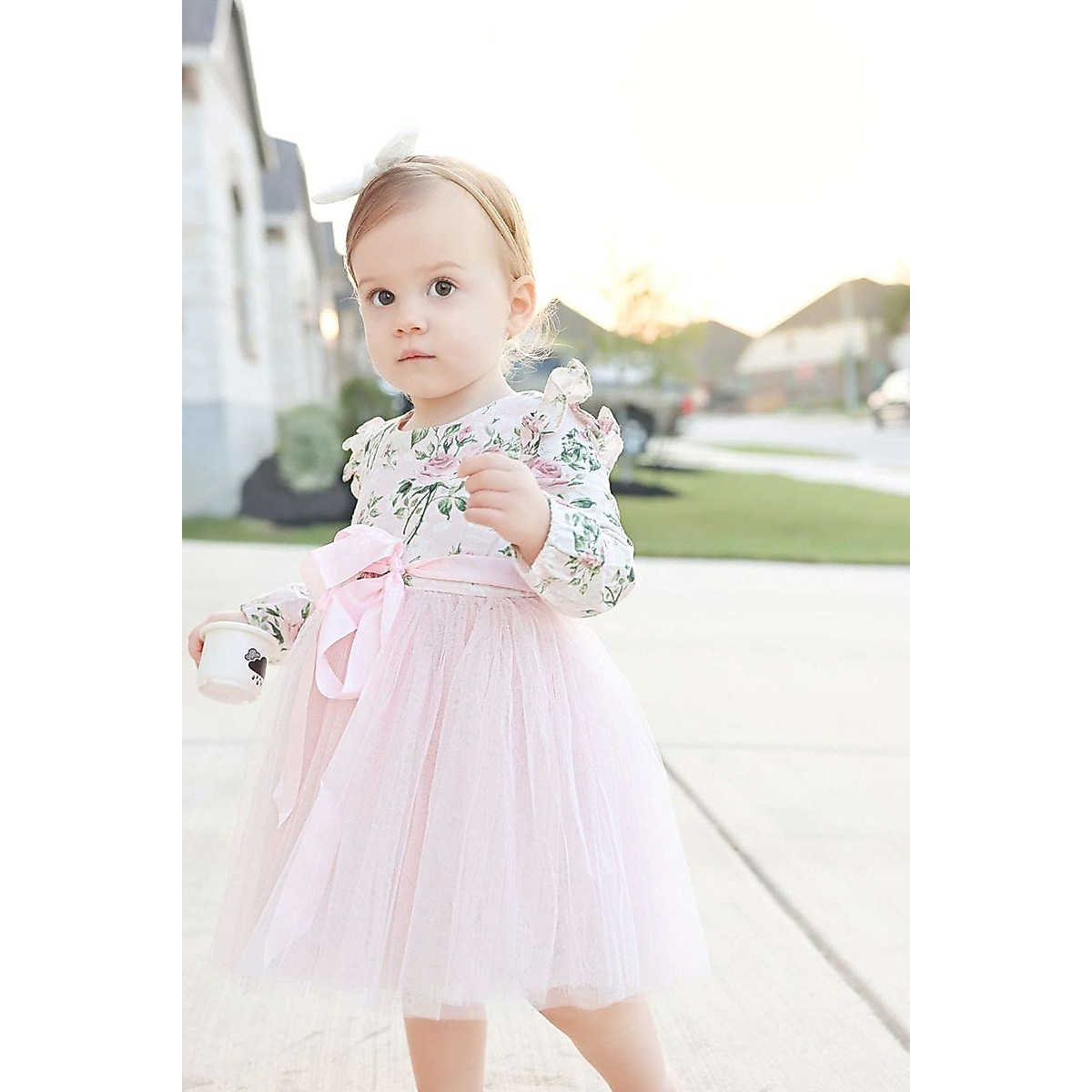 Flofallzique Toddler Tulle Dress Long Sleeves Vintage Floral Little Girls Tea Party Dresses (Peach, 1 Year)