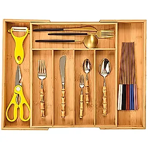 MASS DYNAMIC Expandable Bamboo Drawer Organizer for Silverware, Adjustable Cutlery Tray, Wood Drawer Dividers Flatware Organizer for Kitchen Utensils Holder, Garage Tools and Stationary Holder