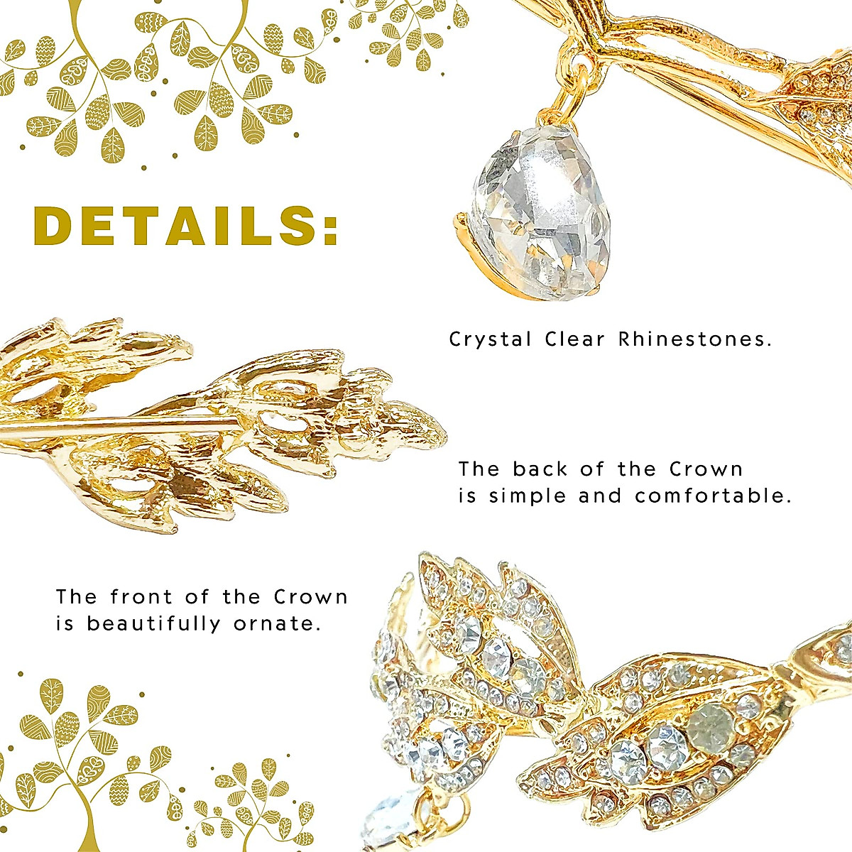 Rhinestone Leaf Wedding Tiara Headband with Fairy Elf Ears,Dress Up Costume Masquerade Accessories-1 Rose Gold Fairy Crown Headband+2 Pairs Cosplay Fairy Pixie Elf Ears for Halloween,Christmas,Wedding,Prom