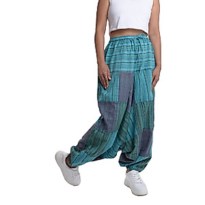 PEACH PEBBLE Harem Pants Unisex, Hippie 100% Cotton Soft Yoga Boho Trousers, Hippie Colorful Patchwork Pants Men Women Casual Fashion Aladdin Dhoti Stoned Washed Drop Crotch pare Cotton - Blue Turtle