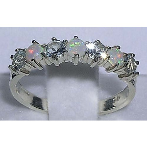 LetsBuyGold 14k White Gold Natural Opal & Aquamarine Womans Eternity Ring - Size 4.25