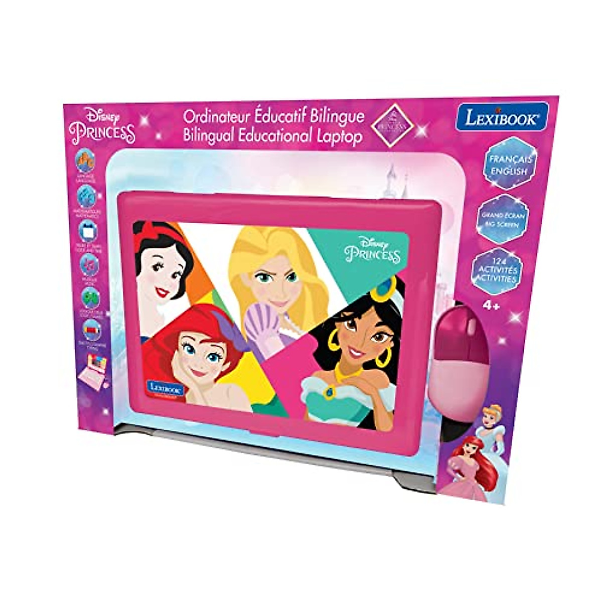LEXIBOOK JC598DPi1 Disney Princesses Educational and Bilingual Laptop French/English with 124 Activities: Mathematics, Dactylography, Logic, Clock Reading, Play Games and Music