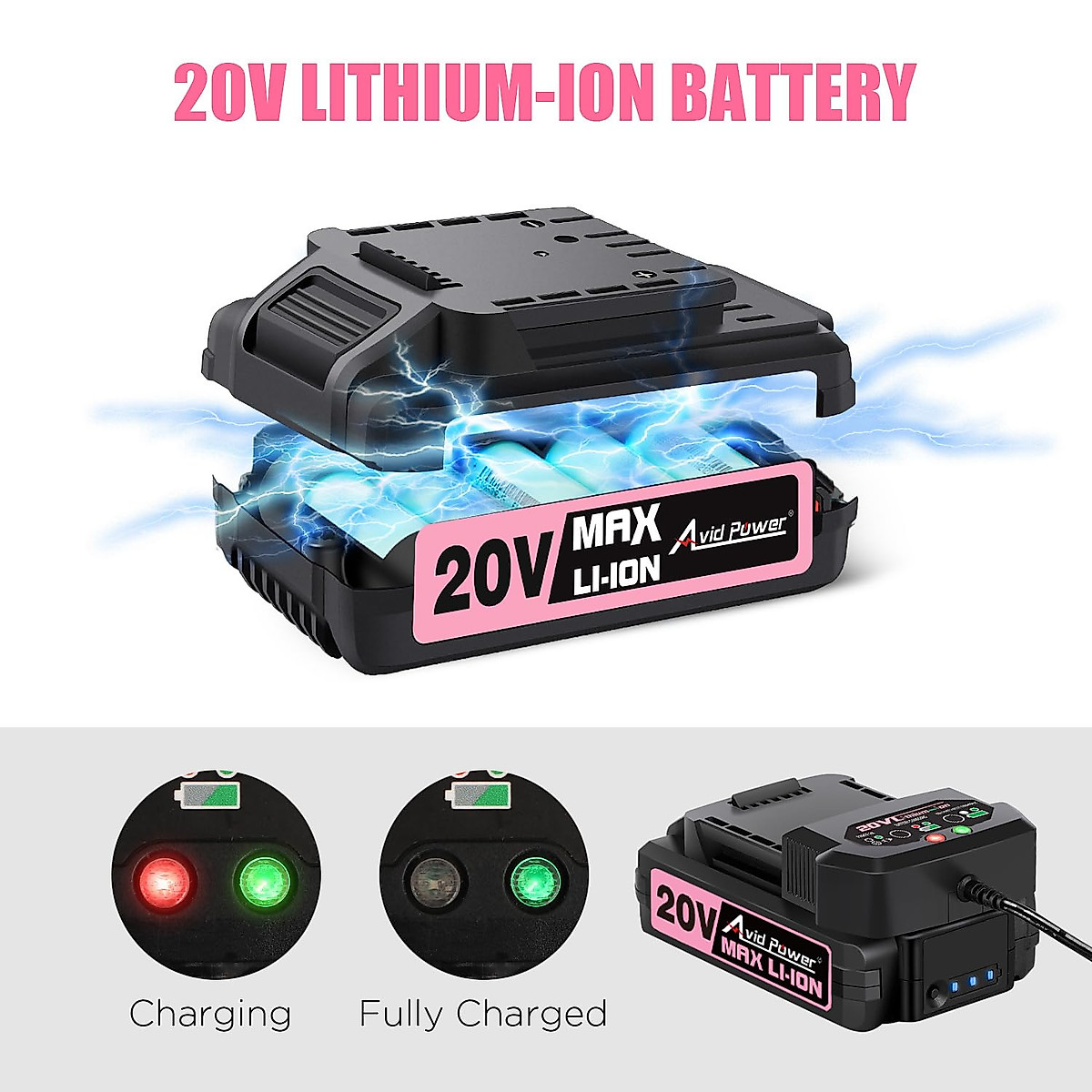 AVID POWER 20V MAX Lithium lon Cordless Drill Set, Power Drill Kit with Battery and Charger, 3/8-Inch Keyless Chuck, Variable Speed, 16 Position and 22pcs Drill Bits (Pink)