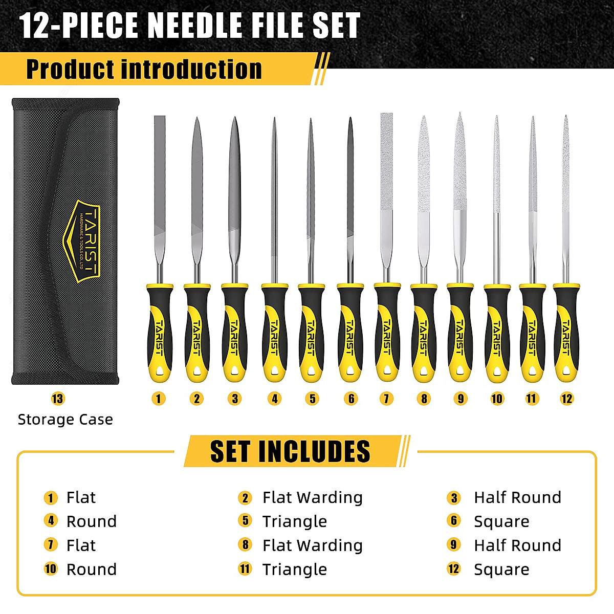 TARIST 12PCS Needle File Set with Tool Bag, Small File Set includes 6pcs Jewlers Files & 6 Steel Files for Metal, Jewlers, Wood, Leather and Plastic