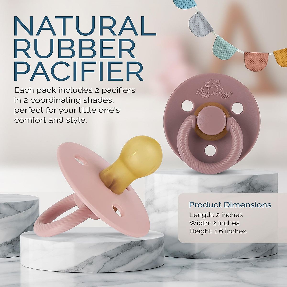 Itzy Ritzy Natural Rubber Pacifiers, Set of 2 – Natural Rubber Newborn Pacifiers with Cherry-Shaped Nipple & Large Air Holes for Added Safety; Set of 2 in Blossom & Rosewood, Ages 0 – 6 Months