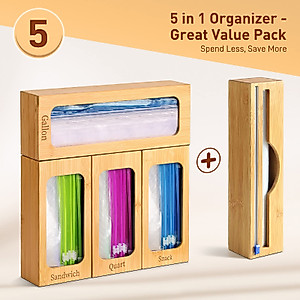 Delamu Ziplock Bag Organizer - 5 Separate Plastic Bag Organizers for Kitchen Drawer - Foil and Plastic Wrap Dispenser with Cutter 12" Roll, Baggie Organizer for Gallon, Quart, Snack, Sandwich Bags