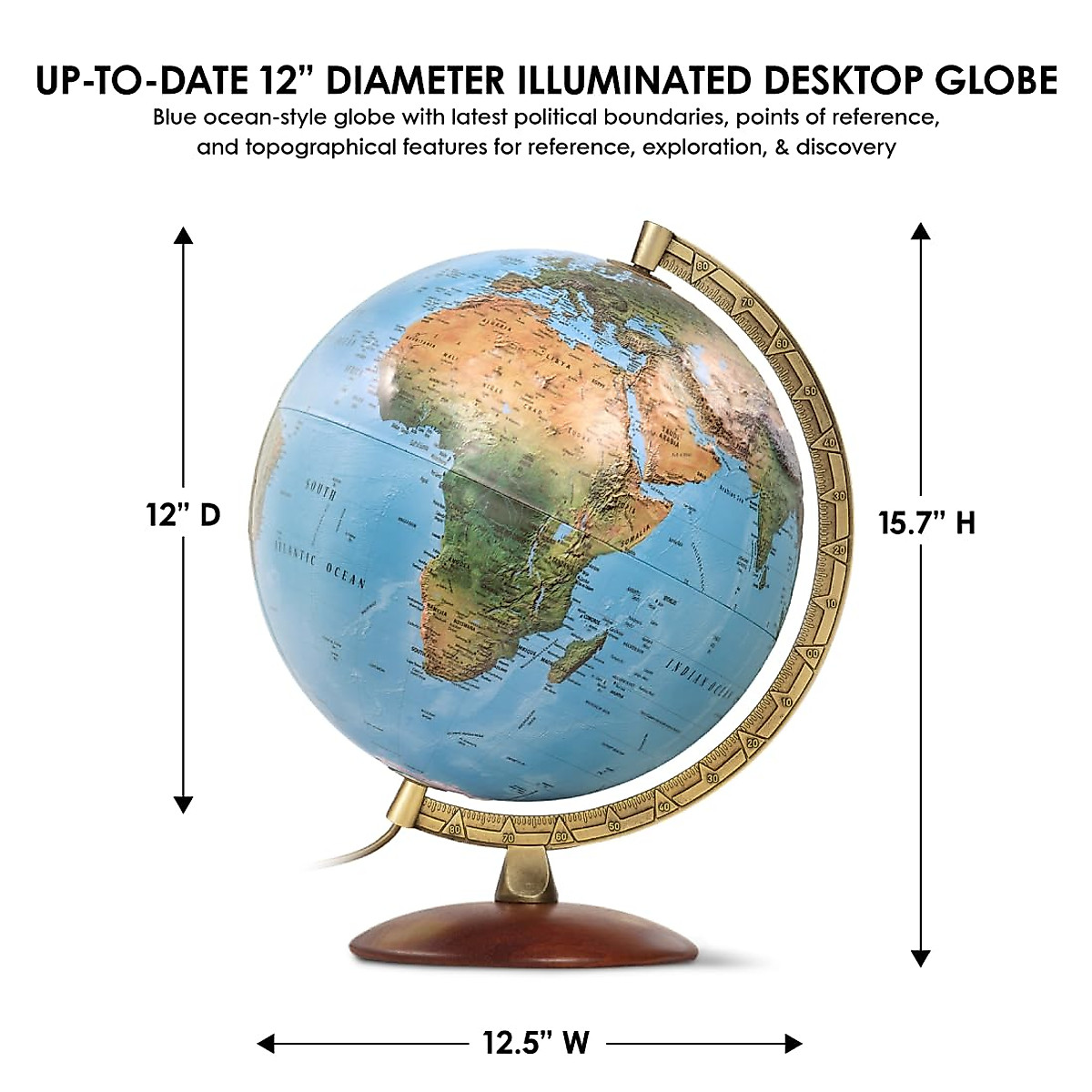 Waypoint Geographic Illuminated Desk Globe with Stand and Raised Relief Features - 1,000's of Up-to-Date Named Places & Points of Interest - Wood Stand (Blue)