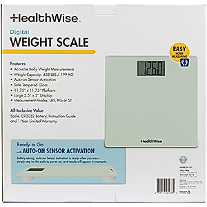 HealthWise Digital Weight Scale | 438 lbs / 199 kg Capacity | Tempered Glass Auto-On | Quick, Accurate Body Weight Measurements | Measurement Modes: LBS, KG or ST
