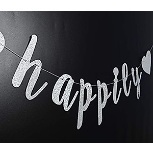 Happily Ever After Silver Glitter Bunting Banner, Engagement, Bridal Shower, Wedding Party Photo Booth Props Signs,Pre-Strung Cursive Bunting (Silver)