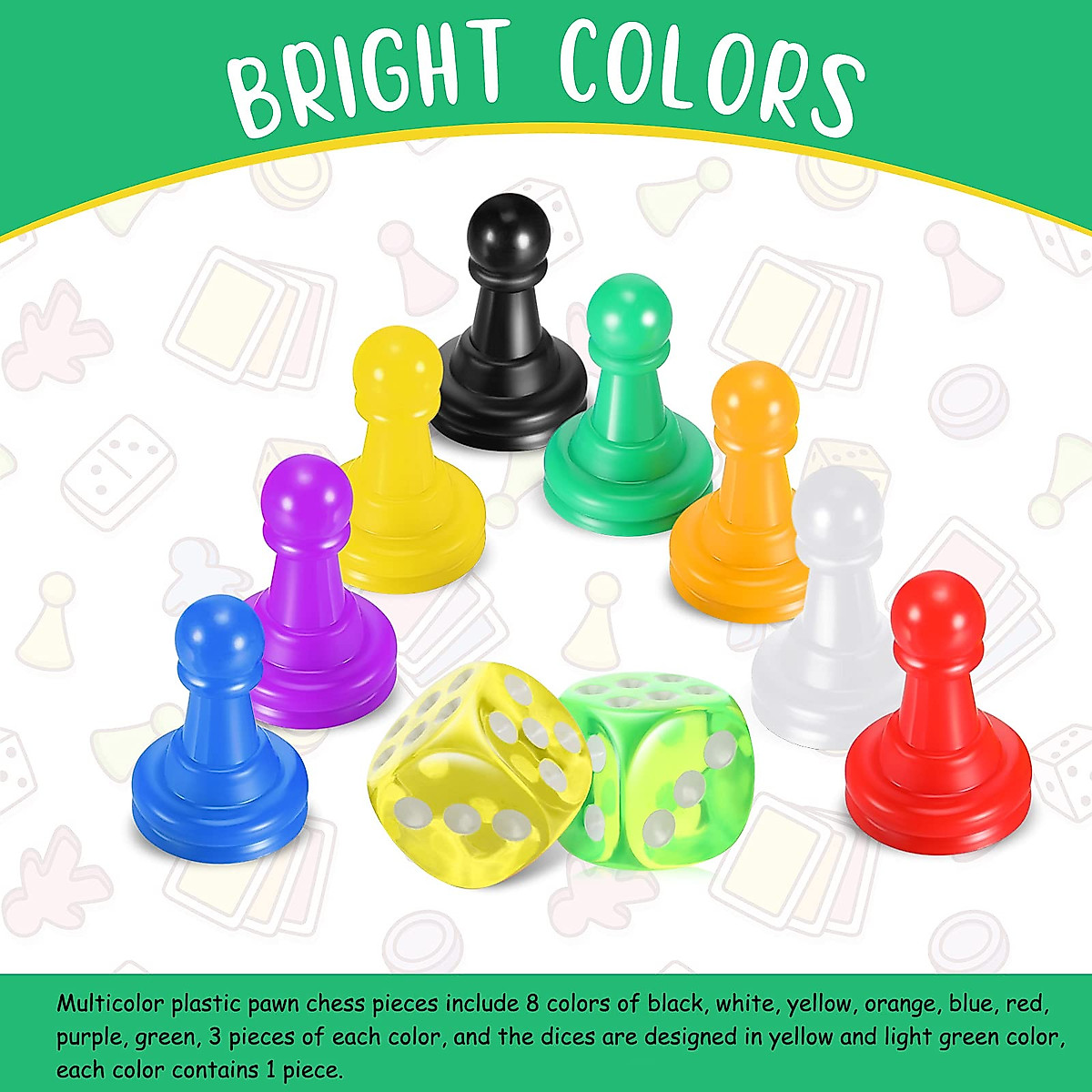 26 Pieces Multicolor Board Game Pieces and Dice Include 24 Multicolor Plastic Pawn Chess Pieces and 2 Plastic 6-Sided Game Dices, Chess Game Pieces Dice Set for Board Game Components Table Marking