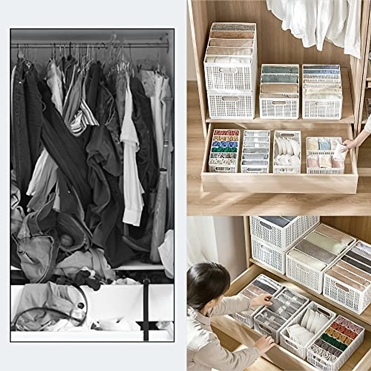 UNZIPE 4 Pack Plastic Baskets Storage Bins with Handle for Closet Organizing, Collapsible Cabinet Drawer Organizer for Shelves Storing Socks, Underwear, Bra, Ties, Belts