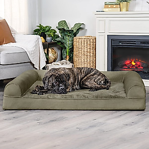 Furhaven Orthopedic Dog Bed for Large Dogs w/ Removable Bolsters & Washable Cover, For Dogs Up to 125 lbs - Faux Fur & Velvet Sofa - Dark Sage, Jumbo Plus/XXL