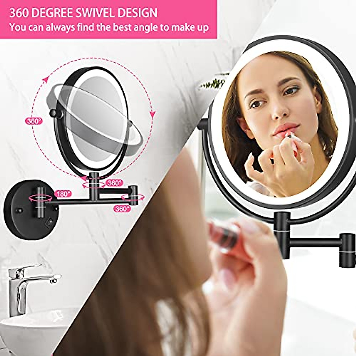 SanaWell Makeup Mirror with Lights and Magnification 3X/1X, 8 Inch Double Sided Wall Mounted Mirror [One Button Switch], Extendable Arm 360° Swivel Vanity Mirror Powered by Plug-in AC Cord (Black)