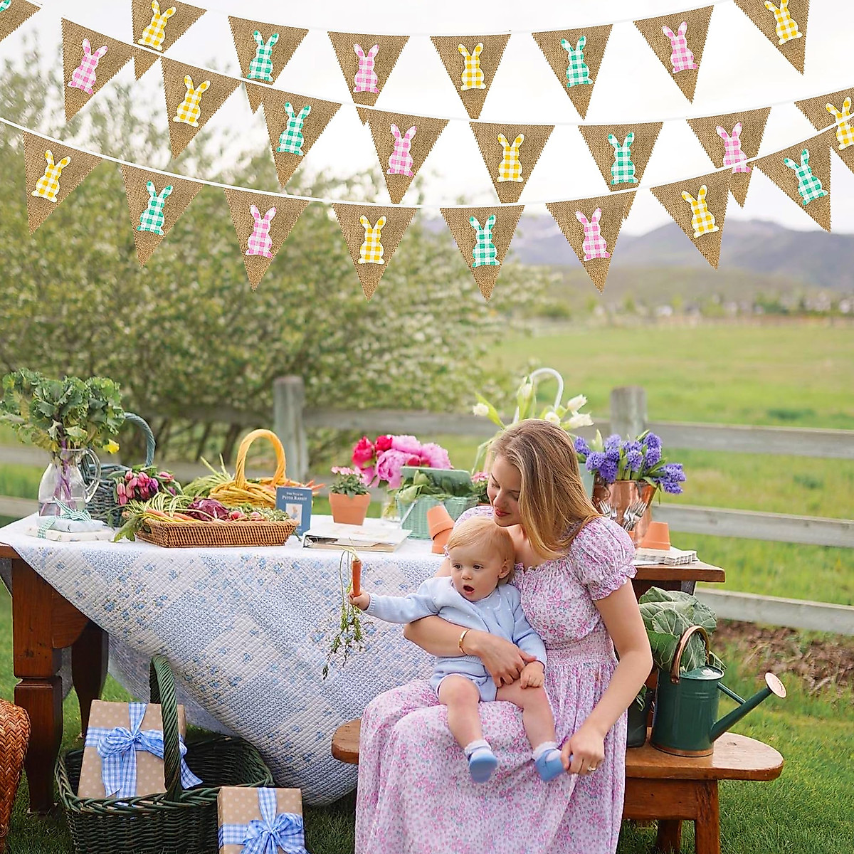 32Ft Pink Purple Yellow Printed Flowers Flora Pennant Banner Fabric Triangle Flag Bunting Garland for Easter Day Spring Summer Decor Birthday Party Wedding Home Outdoor Garden Hanging Decoration