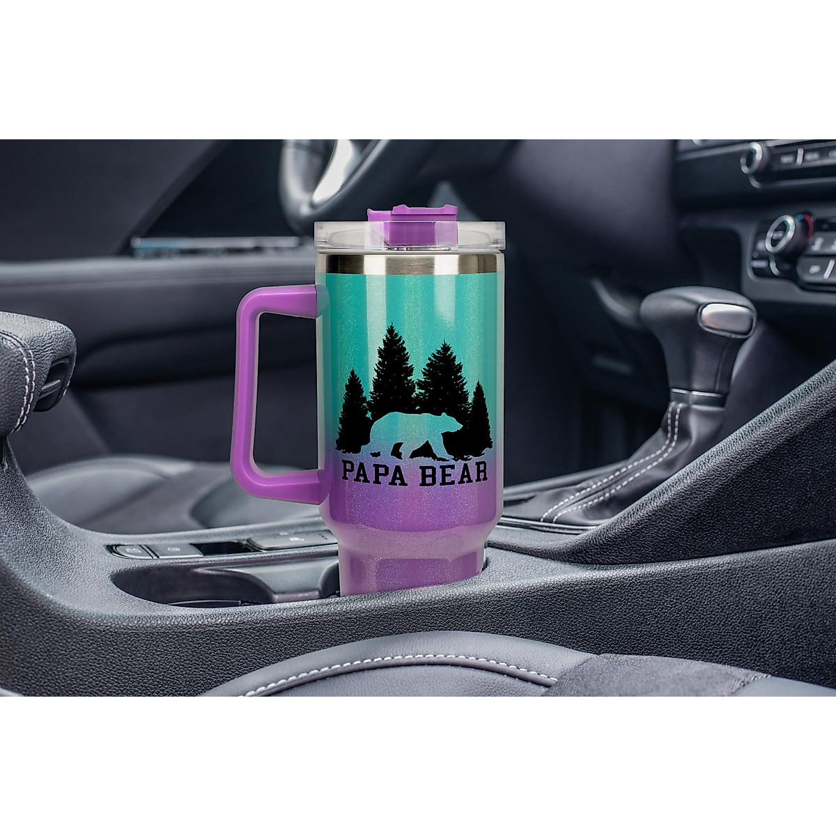 Elanze Designs Papa Bear Forest Trees Dad Grandpa 40 oz. Stainless Steel, Large Water Bottle Coffee Mug, Spill & Leak Resistant, Thermal Travel Tumbler with Handle, Lid & Straw, Teal/Purple