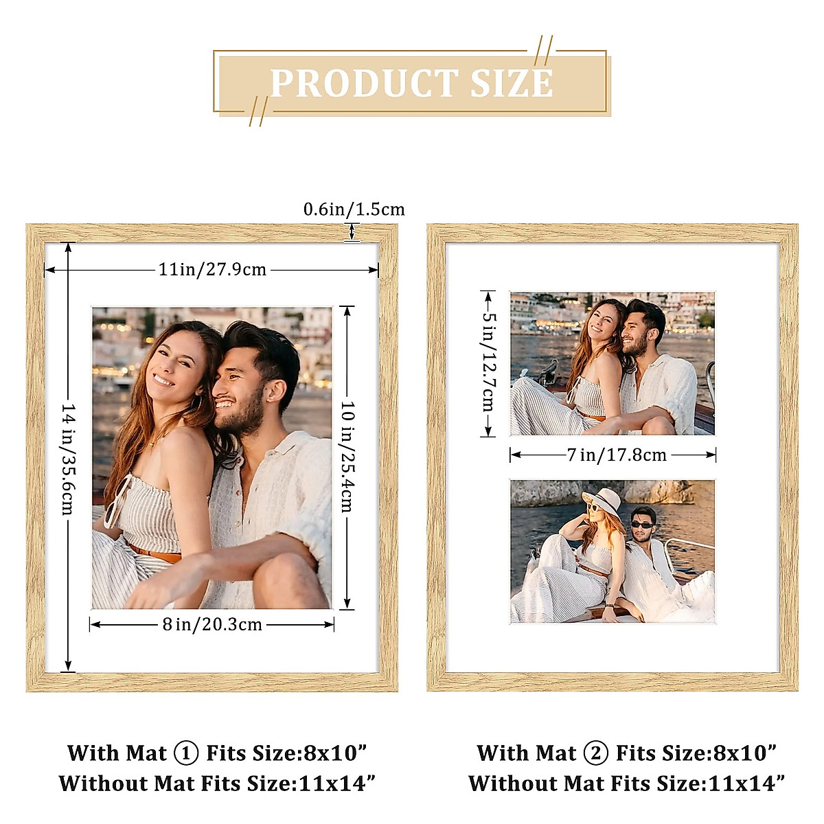 11x14 Picture Frame Set of 2, Natural Wood Photo Frame Display Pictures 8x10 with Mat or Two 5x7 with Mat & 11x14 Without Mat with Plexiglass for High Definition Wall Mounting Horizontal or Vertical
