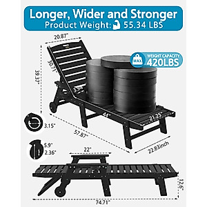 Serique Chaise Lounge Chair Outdoor with Wheels, Oversize Patio Lounge Chair with Wood Texture, 5-Position Plastic Lounge Chair for Poolside, Patio, Deck, Beach(Black)