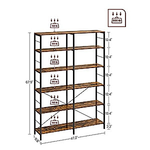 VASAGLE 6-Tier Tall Bookshelf, Bookcase, Large Metal Shelf, 11.8 x 47.2 x 67.9 Inches, for Living Room, Kitchen, Pantry, Study, Home Office, Rustic Brown and Black ULLS114B01