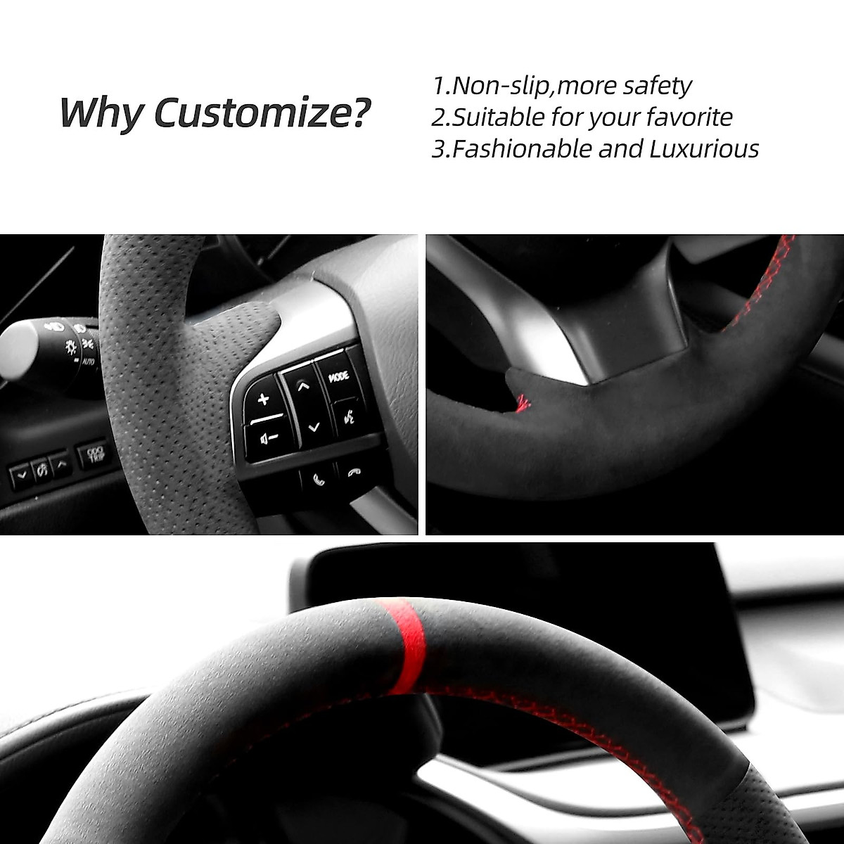 Alfanxi Hand Stitch Sewing Italy Alcantara Car Steering Wheel Cover Wrap for Lexus GS 350/GX 460 (Black Alcantara with Dots+Red Stripe)