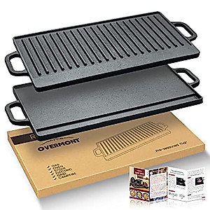 Overmont Pre-seasoned 17x9" Cast Iron Reversible Griddle Grill Pan with handles for Gas Stovetop Open Fire Oven, 1 tray