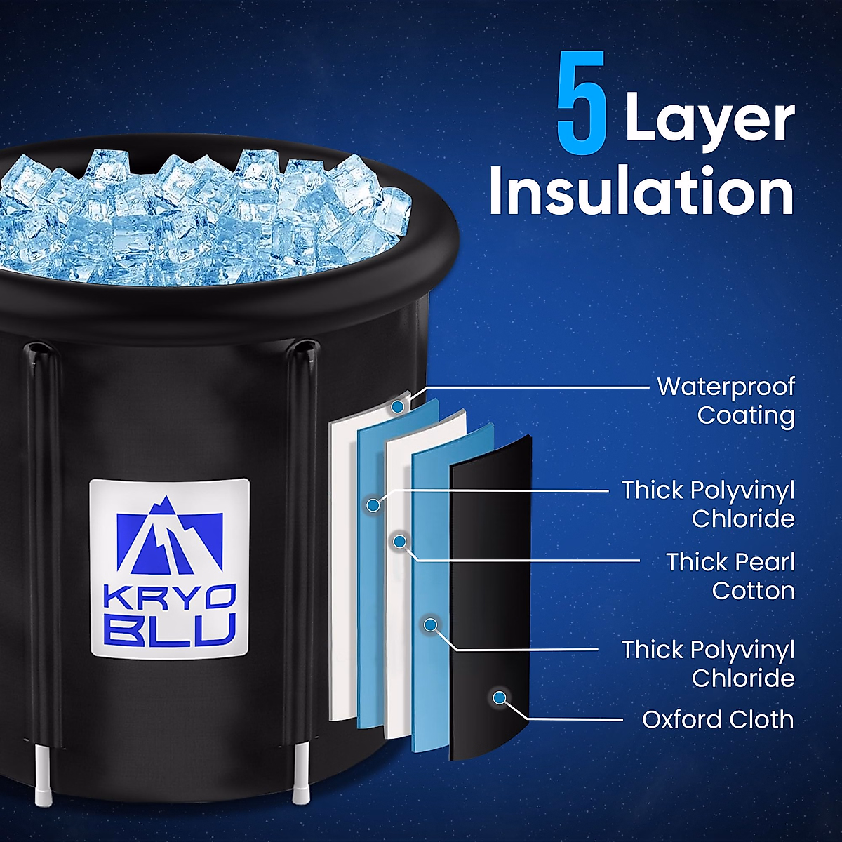 KRYO-BLU Ice Bath Tub with Premium 600D Full-Size Cover | Cold Plunge for Athletes | Cryotherapy for Fast Muscle Recovery (Premium Cover Included)