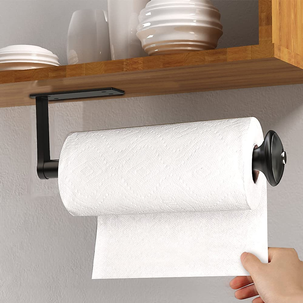 Black Paper Towel Holder Wall Mount Under Cabinet Drilling Toilet Paper Holder Stainless Steel Hand Towel Holder (with Cap)
