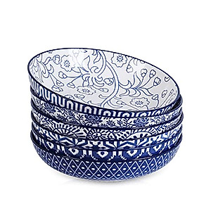 Selamica Porcelain 26 Ounce Pasta Bowls Set of 6, 8 inch Wide and Shallow Salad Bowls, Serving Bowls, Microwave & Dishwasher Safe, Sturdy & Stackable, Vintage Blue