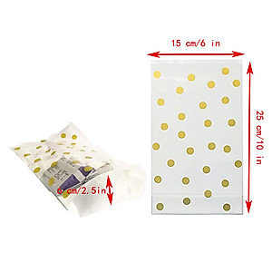 Gold Polka Dot Clear Cello Candy Favor Bags,Cellophane Cookie Treat Plastic Bags,with Gold Twist Ties, Pack of 50