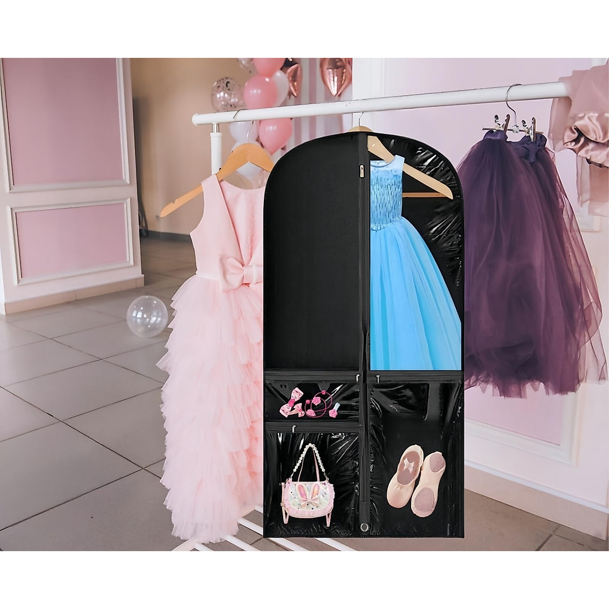 Sanseenia Clear Dance Costume Garment Bag, 39 Inch Garment Bag for Dance Competitions, Kids Hanging Clothes Cover for Girls Closet Storage with 3 Zippered Pockets