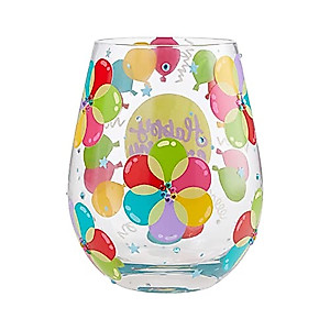 Enesco Designs by Lolita Happy Birthday Balloons Artisan Hand-Painted Stemless Wine Glass, 20 Ounce, Multicolor