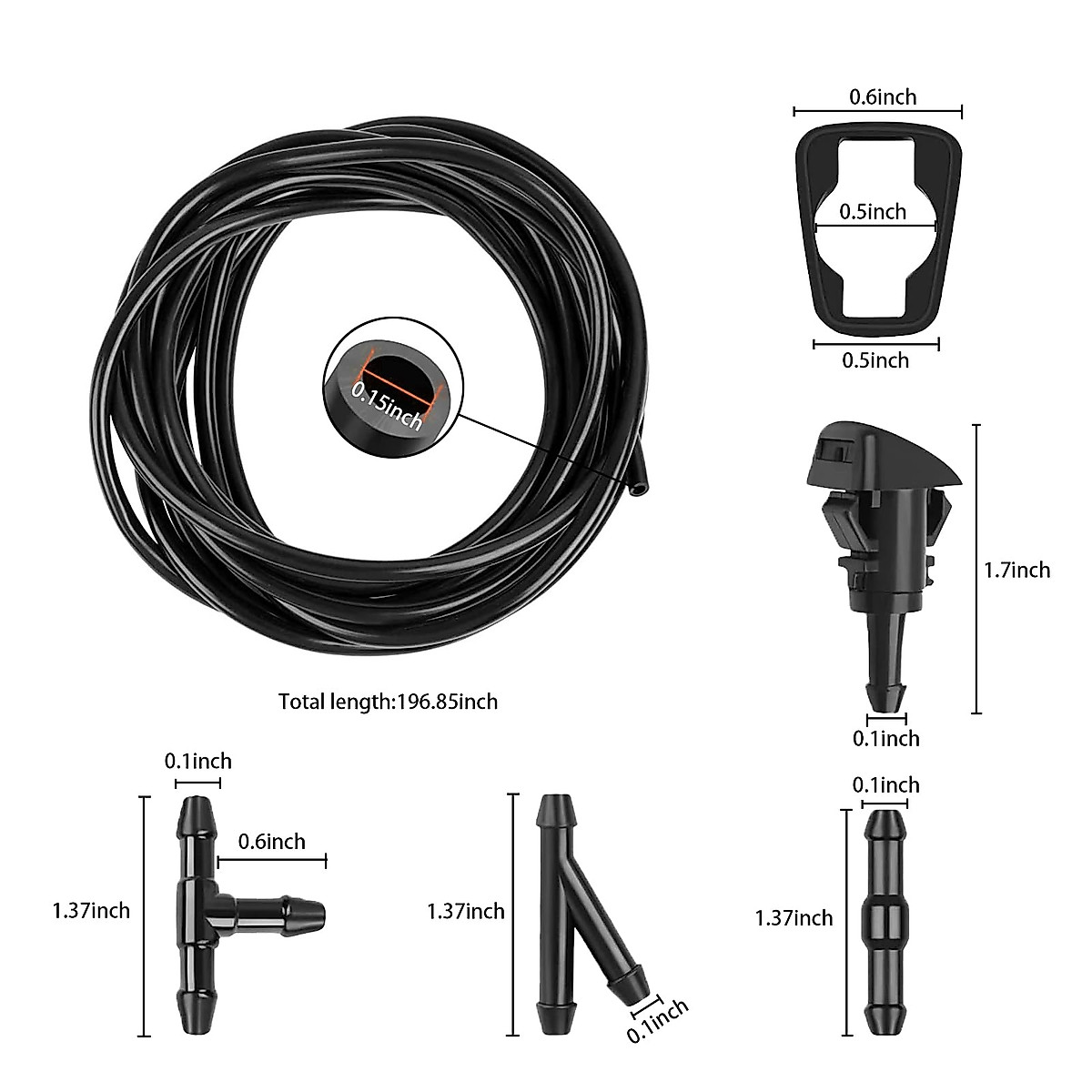 Hawyet 1 Set Windshield Washer Hose Kit, With 16.4 Ft/5 M Hose, 12 Connectors, 2 Fan Nozzles, 2 Rubber Gaskets, Windscreen Washer Kits for Most Car Models (Black)