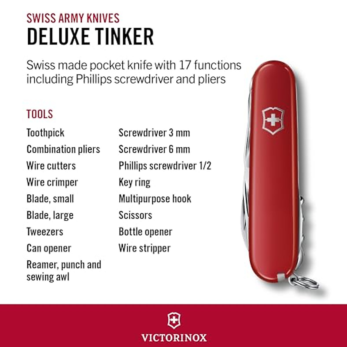 Victorinox Swiss Army Multi-Tool, Tinker Pocket Knife , Red, 91mm
