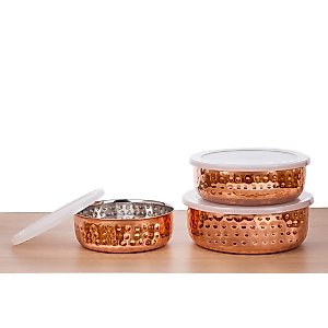 SIGNORA WARE Signoraware Food Storage Bowls - Copper Plated Stainless Steel Stackable Storage Bowl Set with airtight Lids, 3 pc Multi Size Set
