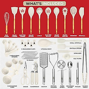 Kaluns 50 PCS Silicone Kitchen Utensils Set Complete Kitchen Set - 800°F Heat Resistant Non-Stick Premium Silicone Cooking Utensils W Wooden Handles - Can Opener, Masher, Turner, Silicone Spatula Set