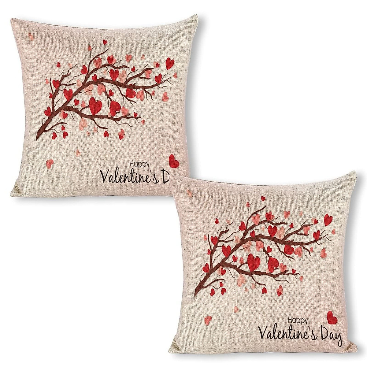 Happy Valentine's Day Throw Pillow Covers 18×18 Pillowcases Set of 2 Love Heart Branch Linen Decorative Square Pillow Case Cushion Covers Standard Size for Sofa Couch Outdoor Bed Pillow Protectors
