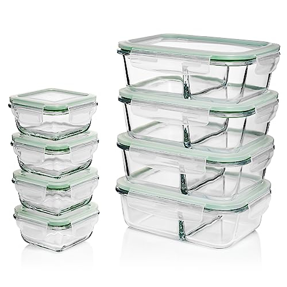 Fusion Gourmet Nestable Divided Glass Meal Prep Containers, 2 Compartment with Condiment container [4x 4 cup & 4x 1/2 cup] Airtight, Leak proof, Microwave Safe for Portion Control (Green)