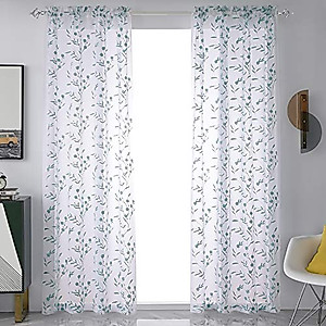 Sheer Curtains Floral Embroidery Blue 84 Inch Long Rod Pocket Lace Drapes for Living room, Bedroom, 2 Panels, 52"x84", Semi Voile Pattern Outdoor Window Treatment Sets for Yard, Patio, Villa, Parlor.