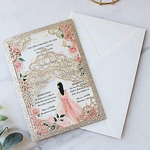 Hosmsua 50PCS 5.1x7.3 Inch Blank Champagne Glitter Quinceanera Invitations Kit Laser Cut Floral Crown Pocket Quinceanera Invitation Cards with Envelopes for Birthday Bridal Shower Quince Invite