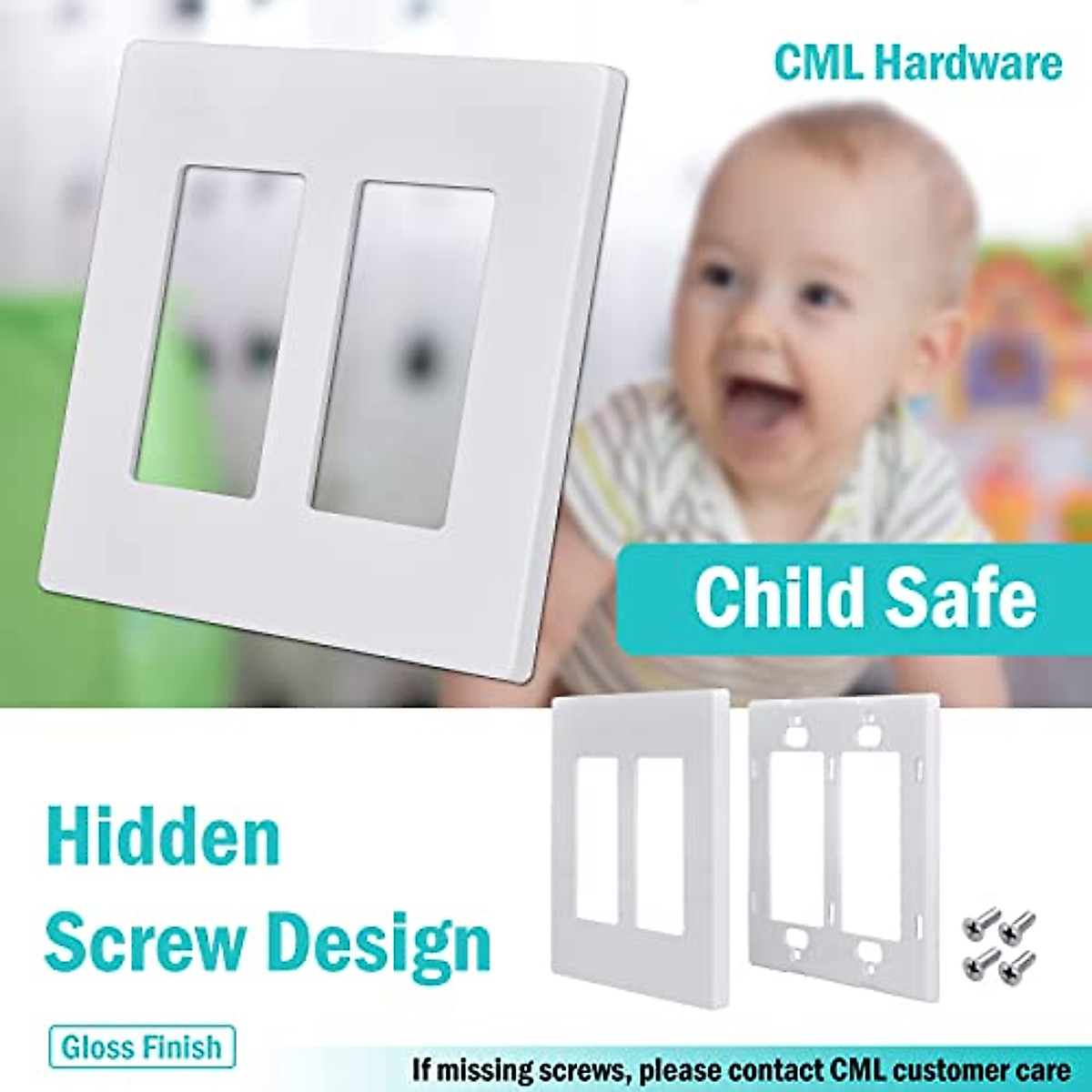 CML Screwless Decorator Wall Plate, 2 Gang Outlet Covers, 4 Pack Decorative Light Switch Plates, Hidden Screw Smooth Face, Standard Size 4.68”X 4.72”, Impact Resistant, White