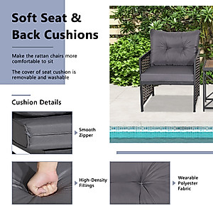 Tangkula 3 Piece Rattan Chair Set, Patio Wicker Chairs and Coffee Table Set, Heavy-Duty Metal Frame & Durable Acacia Wood Tabletop, Outdoor Furniture Set for Backyard, Front Porch, Deck (Gray)