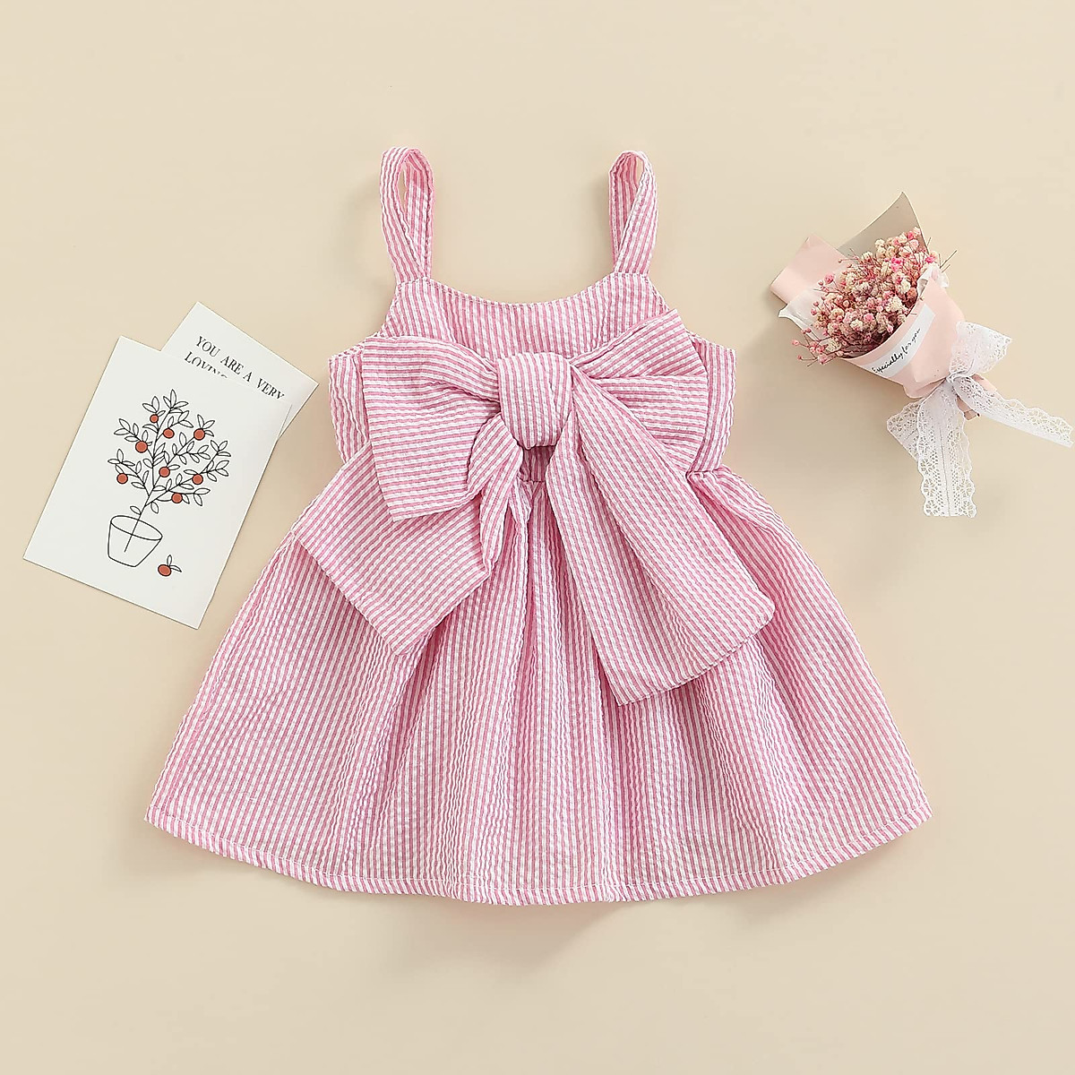 Toddler Baby Girls Sleeveless Dress Front Bowknot Stripe Sling Summer Jumpsuit Princess Casual Romper (Pink, 9-12 Months)