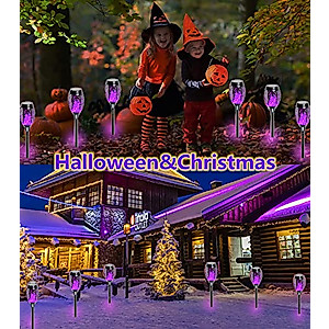 Jumyshe Solar Outdoor Lights,Large Solar Torch Lights with Flickering Flame, Waterproof Landscape Decoration LED Torch Lights for Garden/Yard/Pathway Decorations-Purple Light 6 Pack