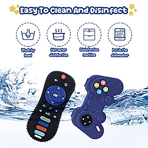 FXK Baby Teething Toys, 2 Pack TV Remote Control & Game Controller Shape Teether Toys, BPA Free Chew Toys Set for Babies 6-12 Months(Black+Blue)