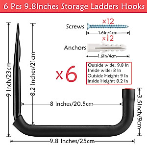 Naikozmo Garage Storage Ladders Hooks, 6 Pack Heavy Duty Utility Hanger, 9.8IN Wall Mount Rack Safely Holds 50 Pounds