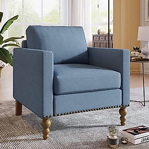 TAIGR Classic Linen Armchair Accent Chair with Bronze Nailhead Trim Wooden Legs Single Sofa Couch for Living Room, Bedroom, Balcony, Navy Blue