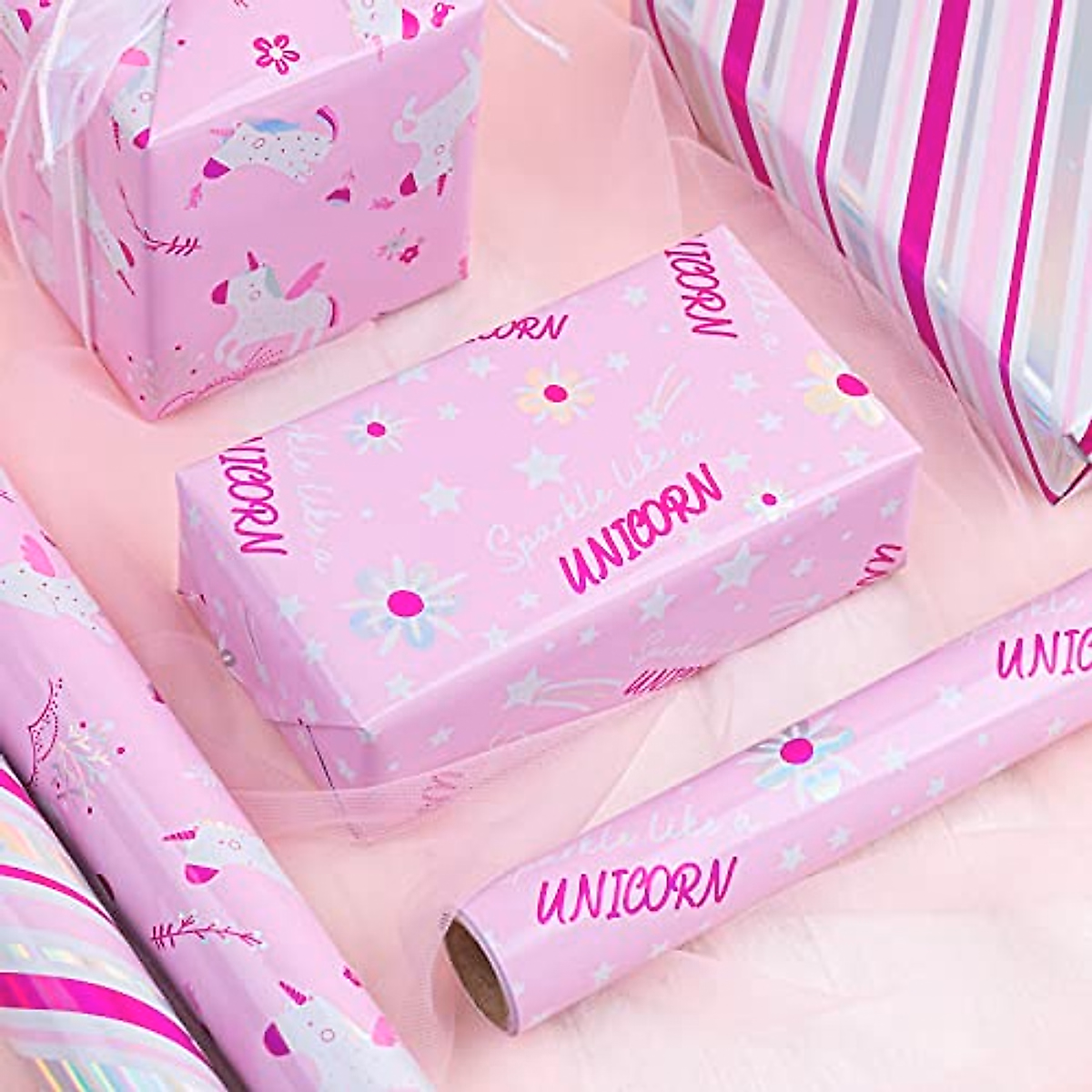 WRAPAHOLIC Wrapping Paper Roll - Mini Roll - 3 Rolls - 17 Inch X 120 Inch Per Roll - Purple Unicorn Design with Silver Foil for Birthday, Holiday, Baby Shower