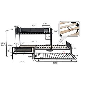 Tmsan Metal Triple Bunk Bed with Trundle for Kids, L Shaped Twin Over 2 Twin 3 Bunk Beds Heavy Duty Quad Bunk Beds for 4 Teens Adults Toddlers