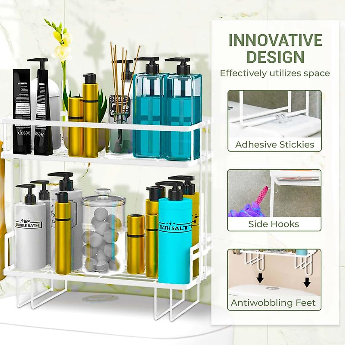 DINEST 2 Tier Over the Toilet Storage Shelf, Anti Resistant bathroom shelf over toilet organizer, Multifunctional No Drilling above toilet storage with Wall Mounting Design - White