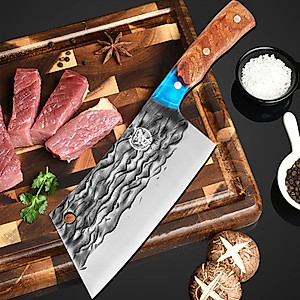 ZENG JIA DAO Cleaver Knife - Forged Chinese Kitchen Chef Knife 7 Inch, Blue Resin Handle, High Carbon Stainless, Ergonomic Handle, Chef gift