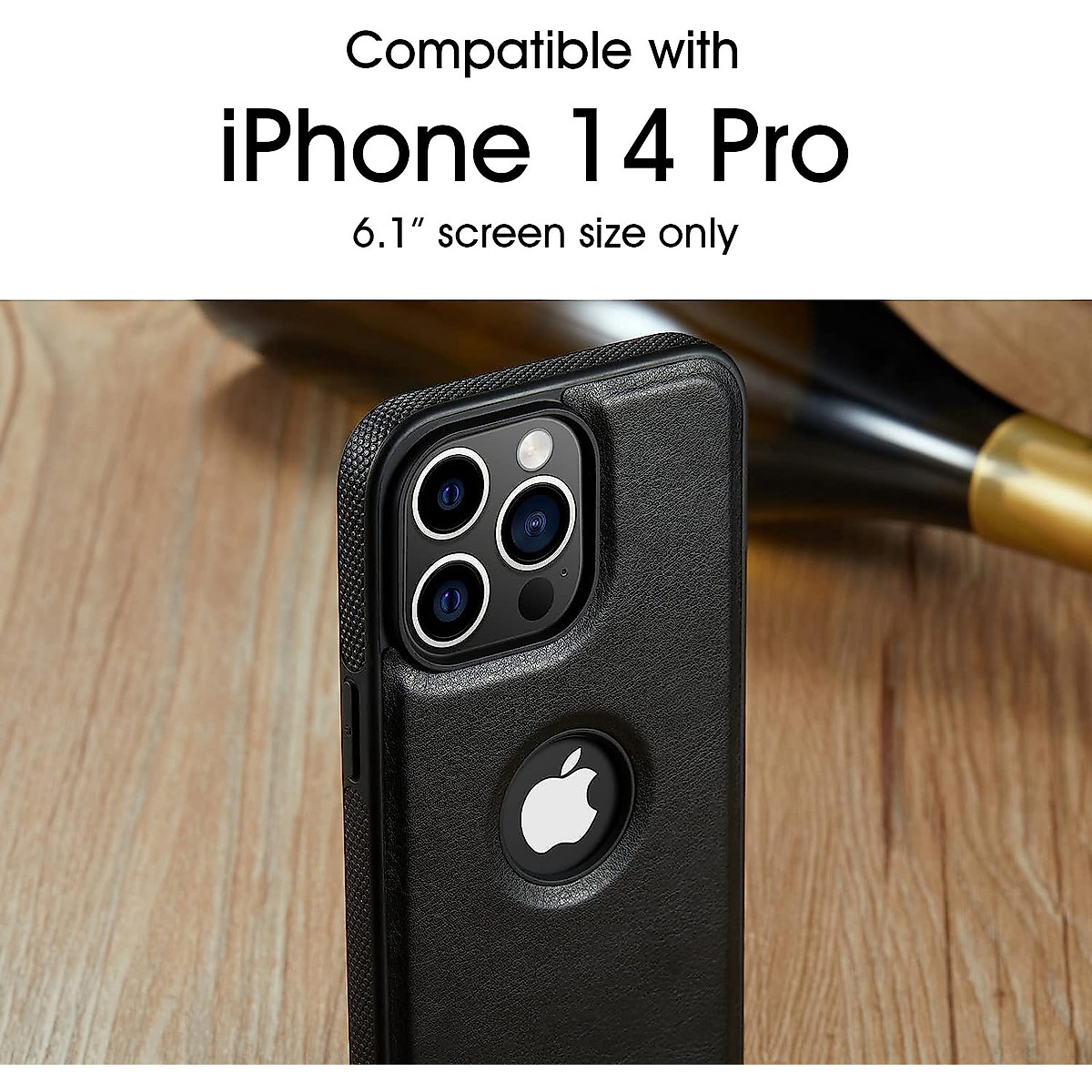 Casus Designed for iPhone 14 Pro Case Compatible with MagSafe Leather Slim Logo View Luxury Elegant Thin Protective Cover (2022) 6.1" - Black